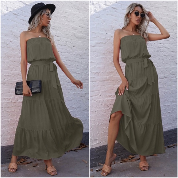 Dresses | Olive Strapless Tube Dress Maxi Long Boho Belted | Poshmark